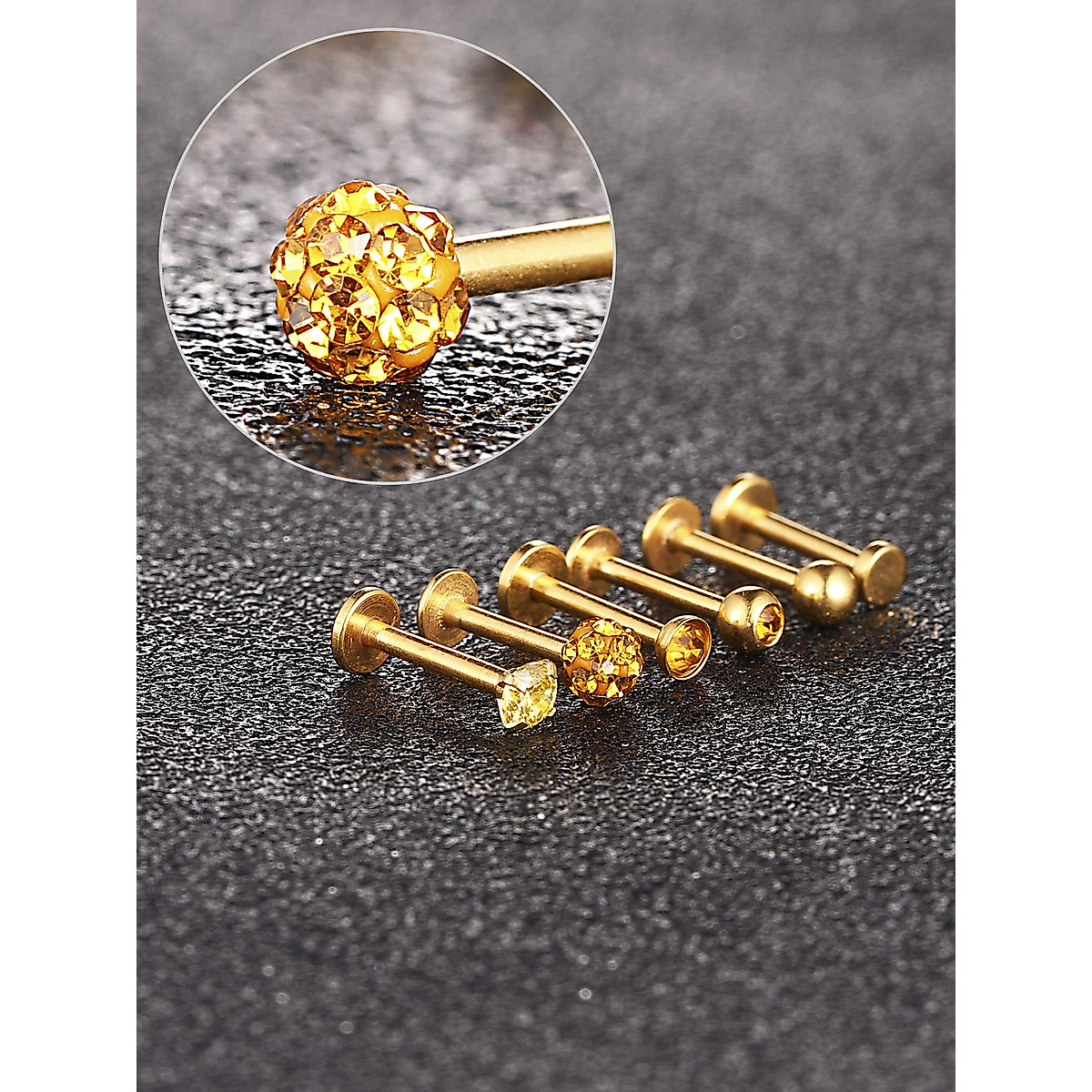 Sumind Nose Studs 16G tragus piercing jewelry Tragus Earrings Lip Rings Diamond Crystal Stainless Steel Labret Bars Body Piercing Jewelry, 6 Designs(Gold)