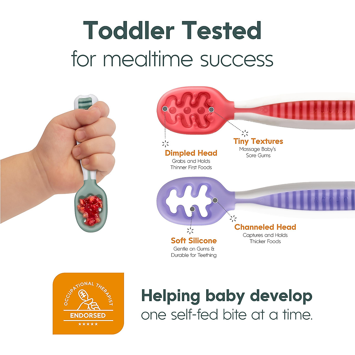 NumNum Baby Spoons Set, Silicone Pre-Spoon GOOtensils for Kids Aged 6+ Months - First Stage, Baby Led Weaning (BLW), Teething Spoon - Travel Case + 2 Spoons, Beige/Glacier Green