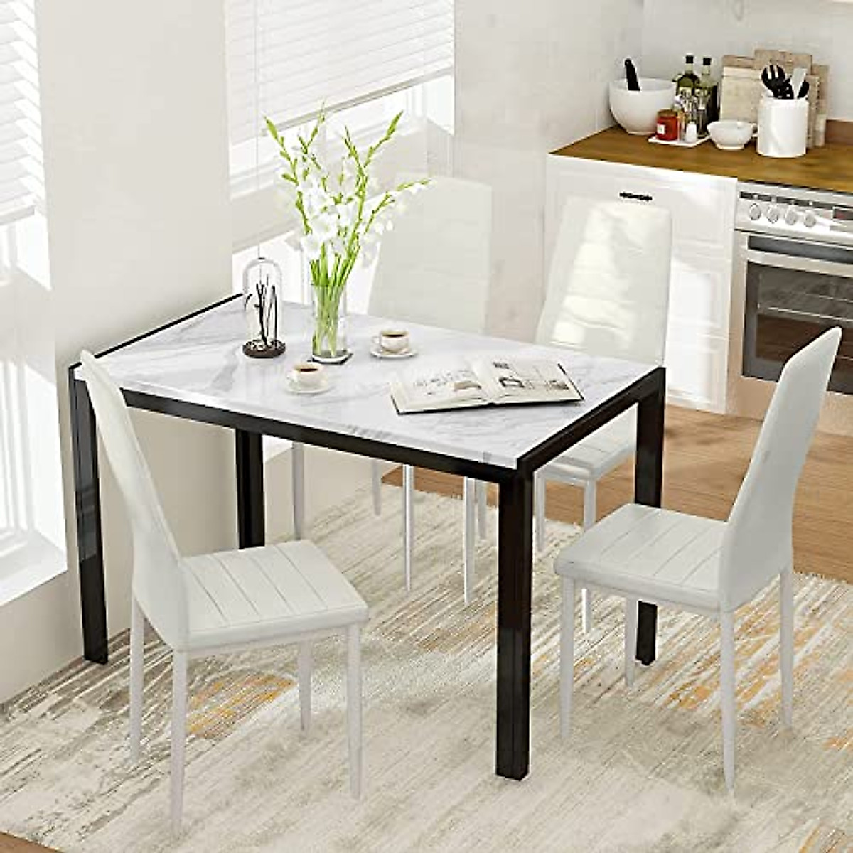 AWQM Marble Dining Table Set for 4, Rectangular Faux Marble Table and 4 PU Leather Chairs, 5 Pieces Kitchen Table Set,Ideal for Living Room, Dining Room,Breakfast Nook, White&Beige