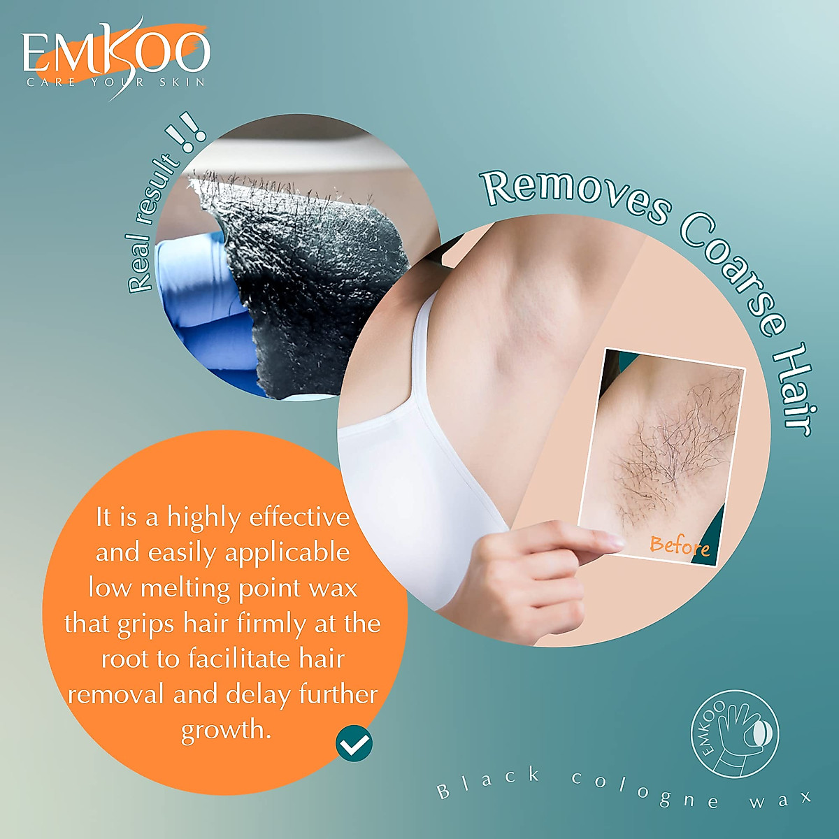 Hard Wax Beads, EMKOO Waxing Beads for Coarse Hair Removal, At Home Self Wax Beans for Underarms, Legs, Eyebrows, Bikini and Brazilian Waxing, Black 1lb Refill Wax for Any Wax Warmer Kit