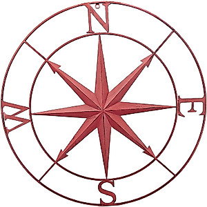 Bellaa 27529 Metal Wall Compass Nautical Coastal Beach Home Decor Captain Sailors Fisherman Round Rustic Distressed Red 30 inch