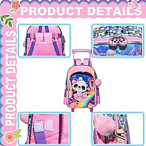 ZBAOGTW Panda Rolling Backpack for Girls with Lunch Box Kids Backpack with Wheels for School Sequin Trolley Trip Luggage Rolling Backpack for Kindergarten Girls Elementary School