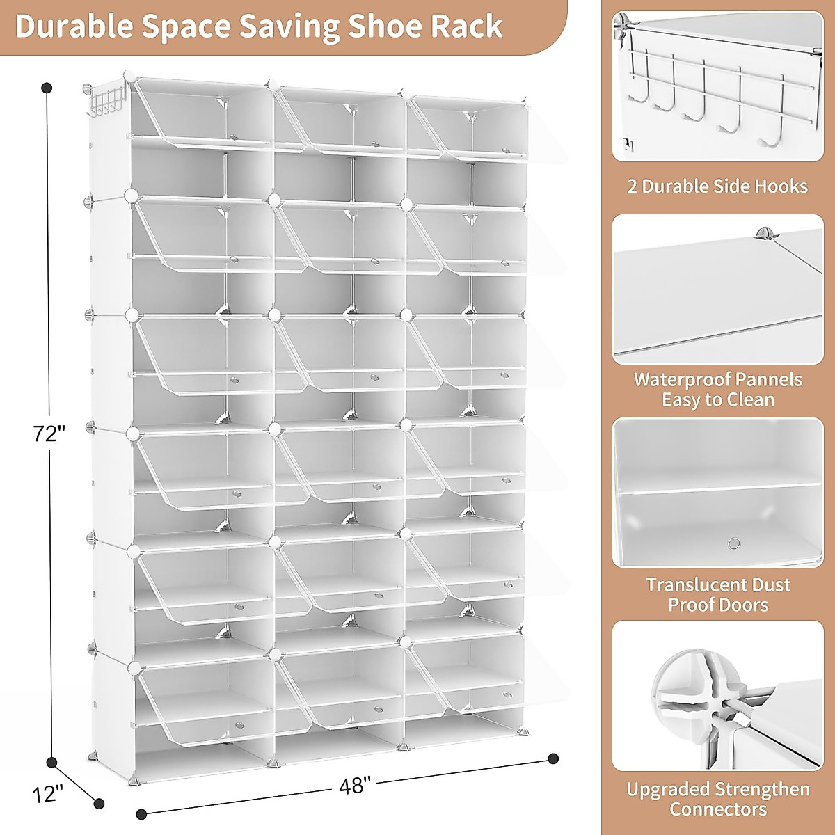 ROJASOP Portable Shoe Rack Organizer with Door, 72 Pairs White Shoe Storage Cabine Covered Shoe Rack Shoe Organizer for Closet Entryway Garage Closed Shoe Rack Organizer Cabinet with Doors