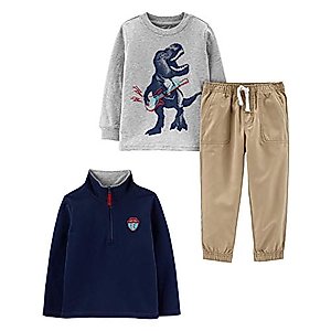 Simple Joys by Carter's Boys' 3-Piece Fleece Jacket, Long-Sleeve Shirt, and Woven Pant Playwear Set, Beige/Grey Dinosaur/Navy, 2T