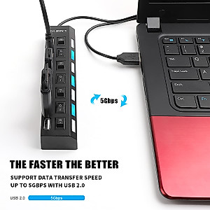 Multi Port Splitter, 7 Port USB 2.0 Hub, USB A Port Data Hub with Independent On/Off Switch and LED Indicators, Lights for Laptop, PC, Computer, Mobile HDD, Flash Drive and More (Black 2.0)