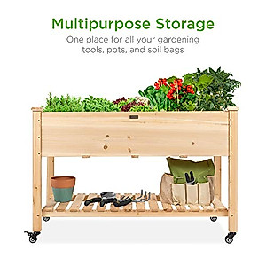 Best Choice Products Raised Garden Bed 48x24x32-inch Mobile Elevated Wood Planter w/Lockable Wheels, Storage Shelf, Protective Liner - Natural
