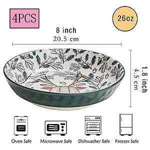 Pasta Bowls,Serving Dinner Bowls,Set of 4,26 Ounce Ceramic Bowls for Salad Fruit Dessert Appetizer and Kitchen,Cute Cartoon Bowls Microwave & Dishwasher Safe