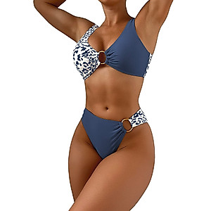 SOLY HUX Women's 2 Piece Swimsuit Color Block Leopard Print Ring Linked Bikini Set Bathing Suits Blue and White Leopard S