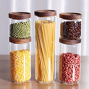 Glass Canisters Set of 5 for the kitchen, Glass Storage Container jars with Airtight Acacia Lid for Coffee Beans, Flour, Sugar, Rice and Spaghetti and etc