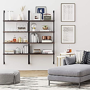 Nathan James Theo 2-Shelf Industrial Wall Mount Ladder Table, Nutmeg/Matte Black & Theo 4-Shelf Bookcase, Floating Wall Mount Shelves with Natural Wood and Industrial Pipe Metal Frame, Nutmeg/Black