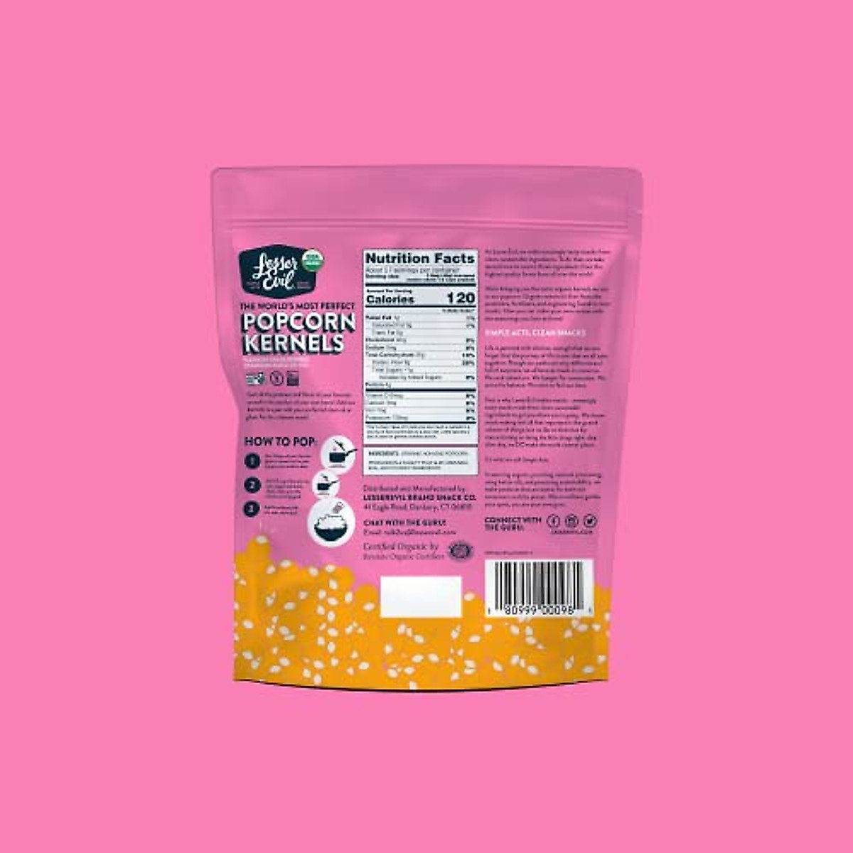 Lesserevil Organic Popcorn Kernels, Non-GMO Verified, Gluten Free, Vegan, 5 Lb Bag