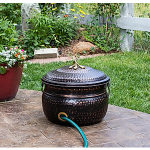 BIRDROCK HOME Decorative Water Hose Holder with Lid | Holds 200ft Hoses | Distressed Bronze | Ground Garden Hose Pot | Handle | Embossed | Steel Metal with Copper Accents | Outdoor or Indoor Use