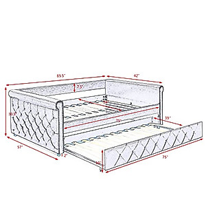 RUNWON Full Daybed with Trundle Upholstered Tufted Sofa Bed with Button and Copper Nail on Arms,Gray