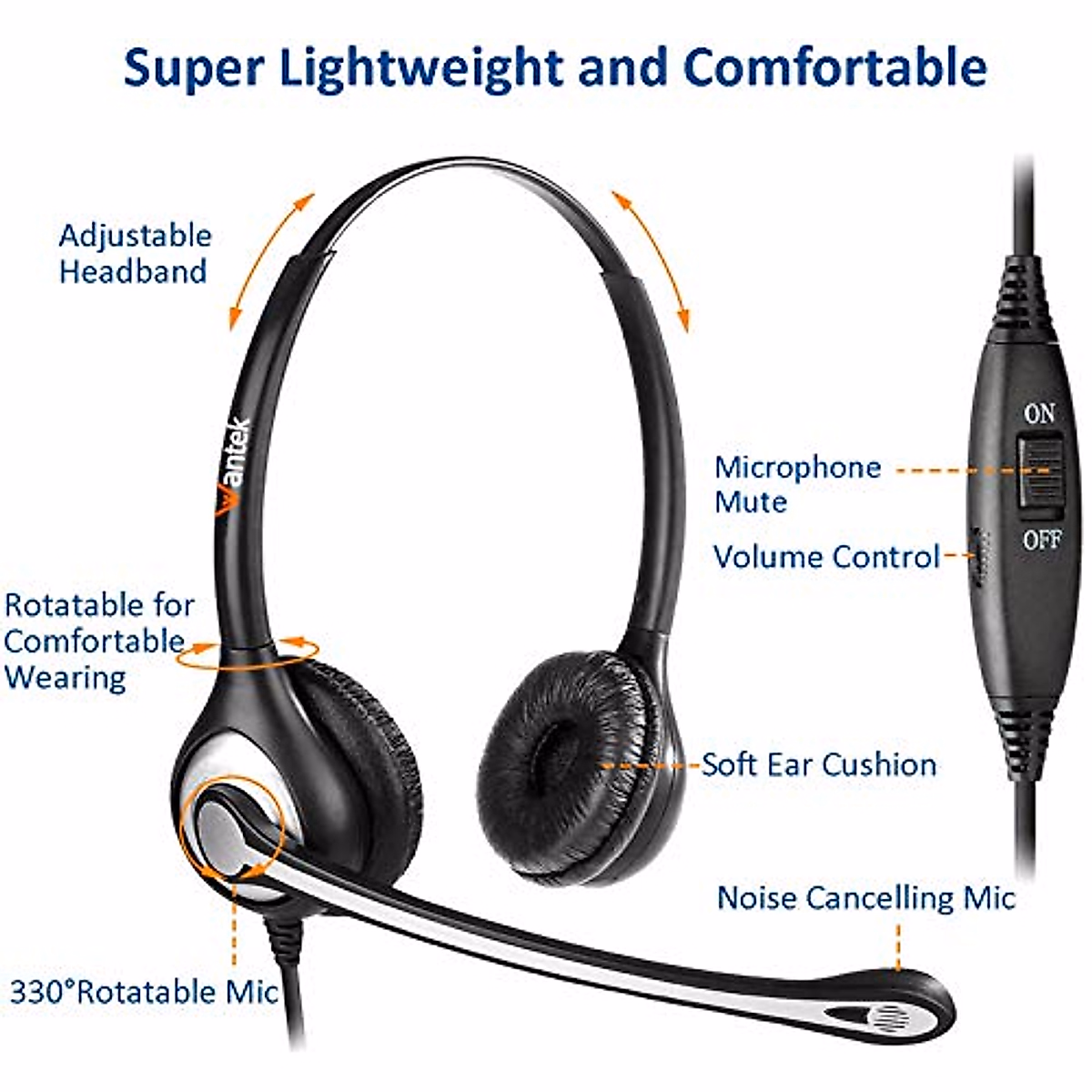 Phone Headset with Microphone Noise Cancelling & Volume Controls, 2.5mm Telephone Headset Compatible with Polycom Panasonic AT&T Vtech Uniden Office Cordless Phones, Clear Chat, Ultra Comfort