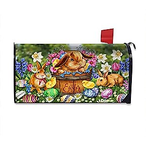 Easter Bunnies Eggs Mailbox Cover Magnetic Standard Size 21x18 Inch Spring Colorful Flowers Mailbox Covers Mailbox Wraps Easter Decor Post Letter Box Cover for Garden Yard