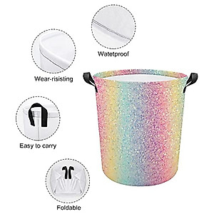 Collapsible Colorful Glitter Lights Laundry Basket Waterproof Blue Pink Yellow Laundry Hamper Freestanding Large Cloth Storage Bin With Handles for Household Bedroom Bathroom