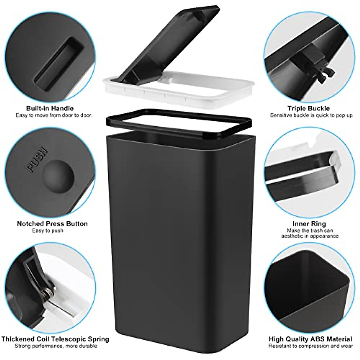 Bathroom Trash Cans with Lids - 3 Pack Kitchen Garbage Can 4 Gallons 2 PCS and 3 Gallons 1 PC with Pop Up Lid,Small Narrow Waste Basket for Bathroom Bedroom Living Room and Office(3 Pack,Black)