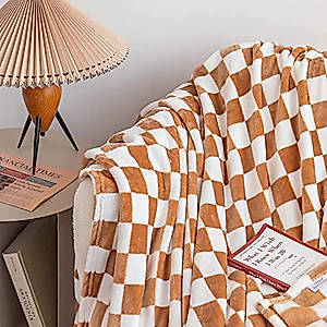 Checkerboard Throw Blankets Luxurious Plaid Flannel Blanket - Super Soft and Warm 100% Polyester Throw for Sofa, Couch, Bed, Car, and Airplane - Elegant Gift Ribbon Included (Khaki,60"x50")