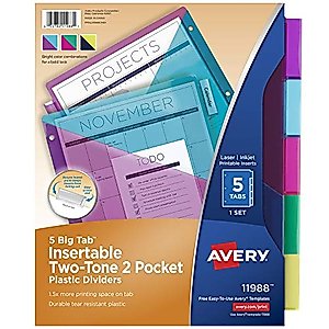 Avery Big Tab Insertable 2 Pocket Dividers for 3 Ring Binders, 5-Tab Set, Bright Two-Tone Multicolor, 1 Set (11988)