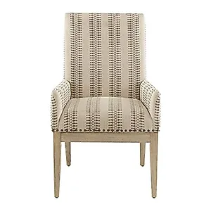 WEALTHOME Farmhouse High-Back Arm Dining Chairs with Bronze Nailhead Trim, Set of 2, Natural Linen-Blend Upholstery, Wheat Wood Finish