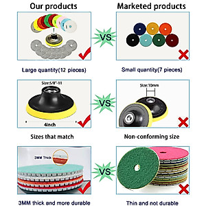 12 Pack 4 Inch Diamond Polishing Pads Kit for Wet Dry Polishing - 50-8000 Grit Pad with 5/8"-11 Backer Pad, Ideal for Granite Tile Concrete Marble Stone Polishing Countertop Quartz