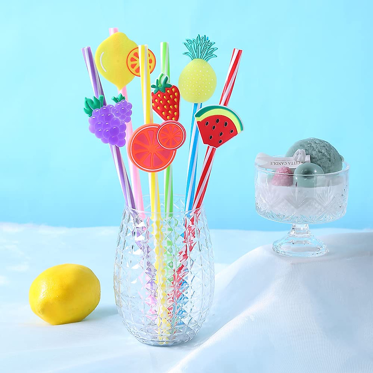 Honest ECO Replacement Disposable Plastic straws for Kids Party DIY Decoration Daily Drinking Straws (24 straws+12 plastic fruits+2 cleaning brush)