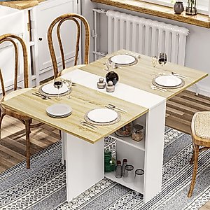 Tiptiper Folding Dining Table with 6 Casters, Drop Leaf Dining Table with Storage Shelves, Folding Kitchen Table for Small Apartments, Pear Wood Color and White