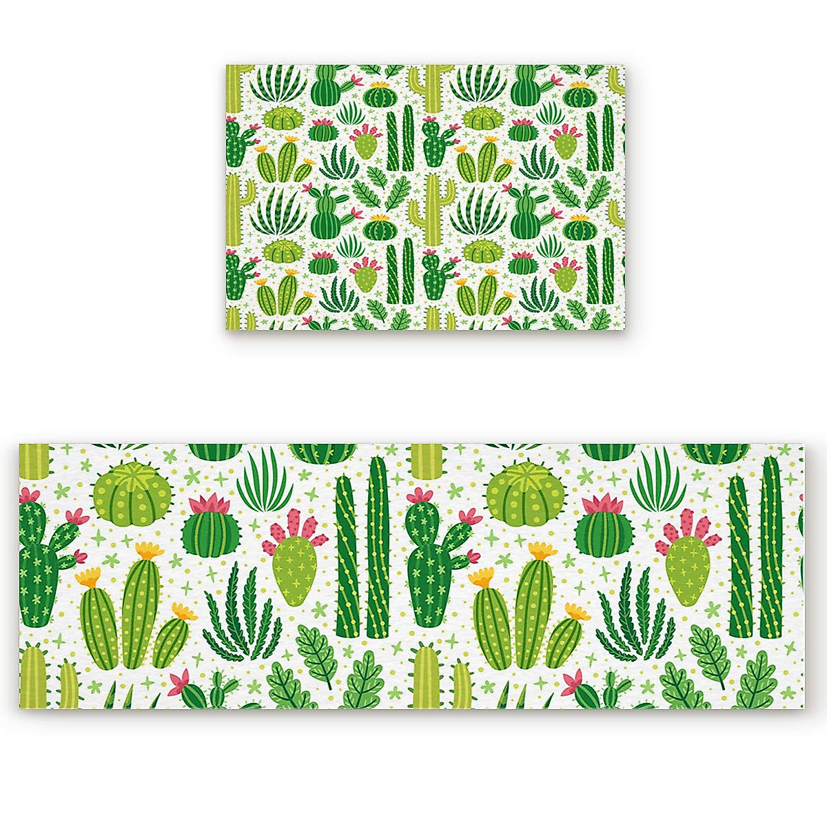 Kitchen Rugs, Cactus Succulent Plants Green Tile Pattern Non Slip Runner Rug Mat for Floor, Kitchen, Bedside, Sink, Office, Laundry, Set of 2