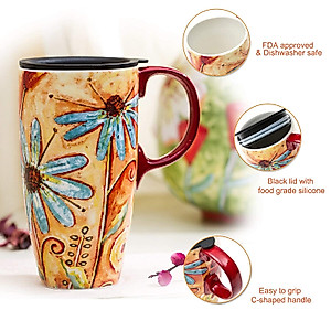 DUSVALLY Ceramic Mug Large Coffee Cup Tall Travel Mugs Porcelain Latte Tea Cup with Lid 17oz,Orange Flower