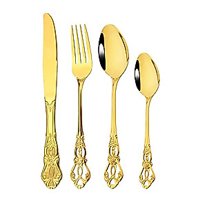 Snplowum Royal 24-piece Gold Mirror Silverware Dinnerware, 18/10 Stainless Steel Luxury Flatware Service For 6 Tableware Ideal For Wedding Home Restaurant, Dishwasher Safe