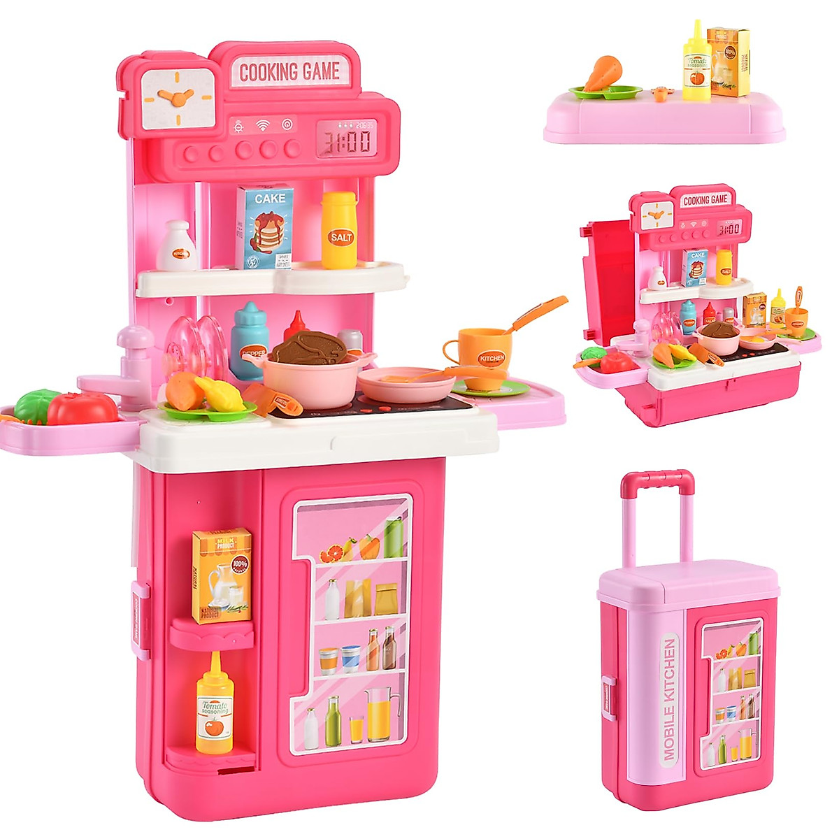 Playhiland Kids Kitchen Playset, 4 in 1Play Kitchen for Kids Ages 4-8, Converted into a Trolley Box, 41Pcs Play Kitchen Accessories, Toddler Kitchen Playset, The Best Gift for Boys and Girls