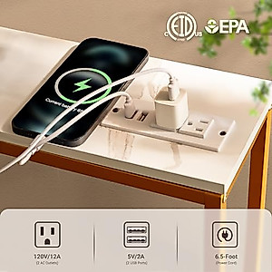 ELYKEN 5.9" Narrow Console Sofa Table with Power Outlets and USB Port, 5.9" Dx39.4 Wx31.1 H Marble Texture Skinny Couch Table with Bright Yellow Metal Frame