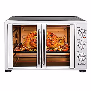 LUBY Large Toaster Oven Countertop, French Door Designed, 55L, 18 Slices, 14'' pizza, 20lb Turkey, Silver