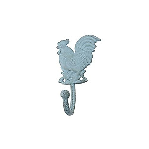 Handcrafted Nautical Decor Rustic Light Blue Cast Iron Rooster Hook 7"