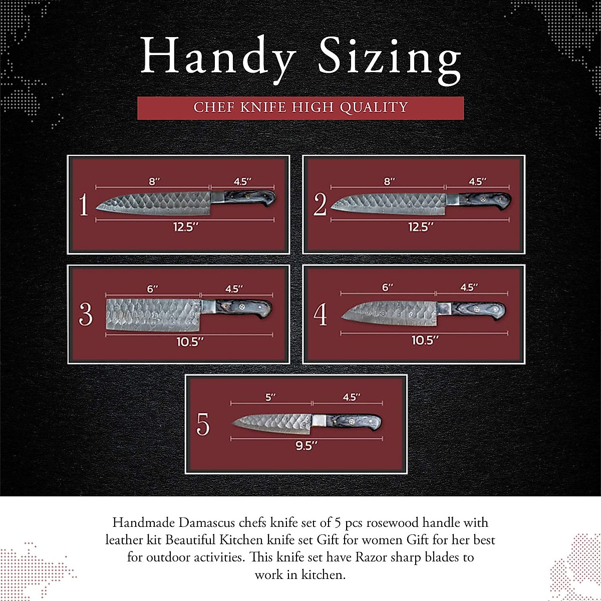 Morf Steelware Professional Damascus Kitchen Knife Set - 5 Piece Chef Knife Collection, Handmade with Steel and Leather Roll - Knife for Chefs and Home Cook