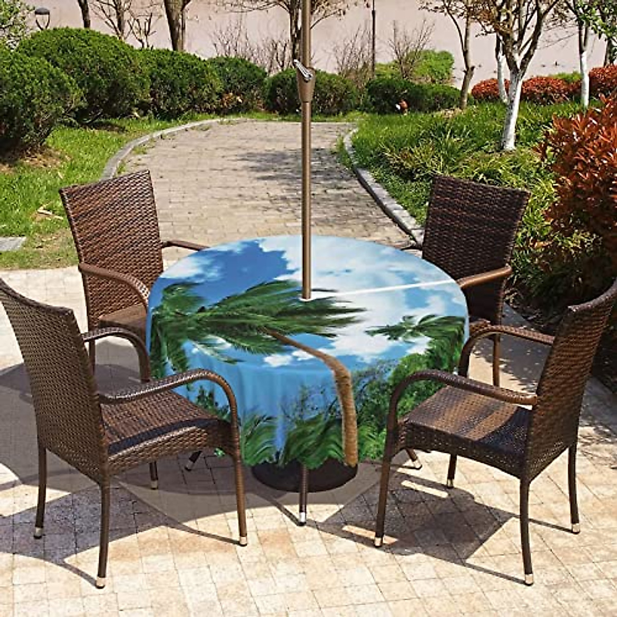 Beach Pattern round outdoor tablecloth,Round Tablecloth with Umbrella Hole and Zipper for Patio Garden,Waterproof Spill-Proof,for patio table with umbrella hole(72" Round,Sand Brown Green Blue)