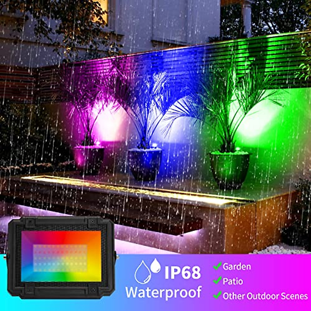 YELUFT LED RGB Flood Lights Outdoor, 500W Equivalent Floodlights with App Control Bluetooth Color Changing Landscape Lights RGBCW IP68 Waterproof Uplights for Garden Wedding Patio Party (2 Pack)