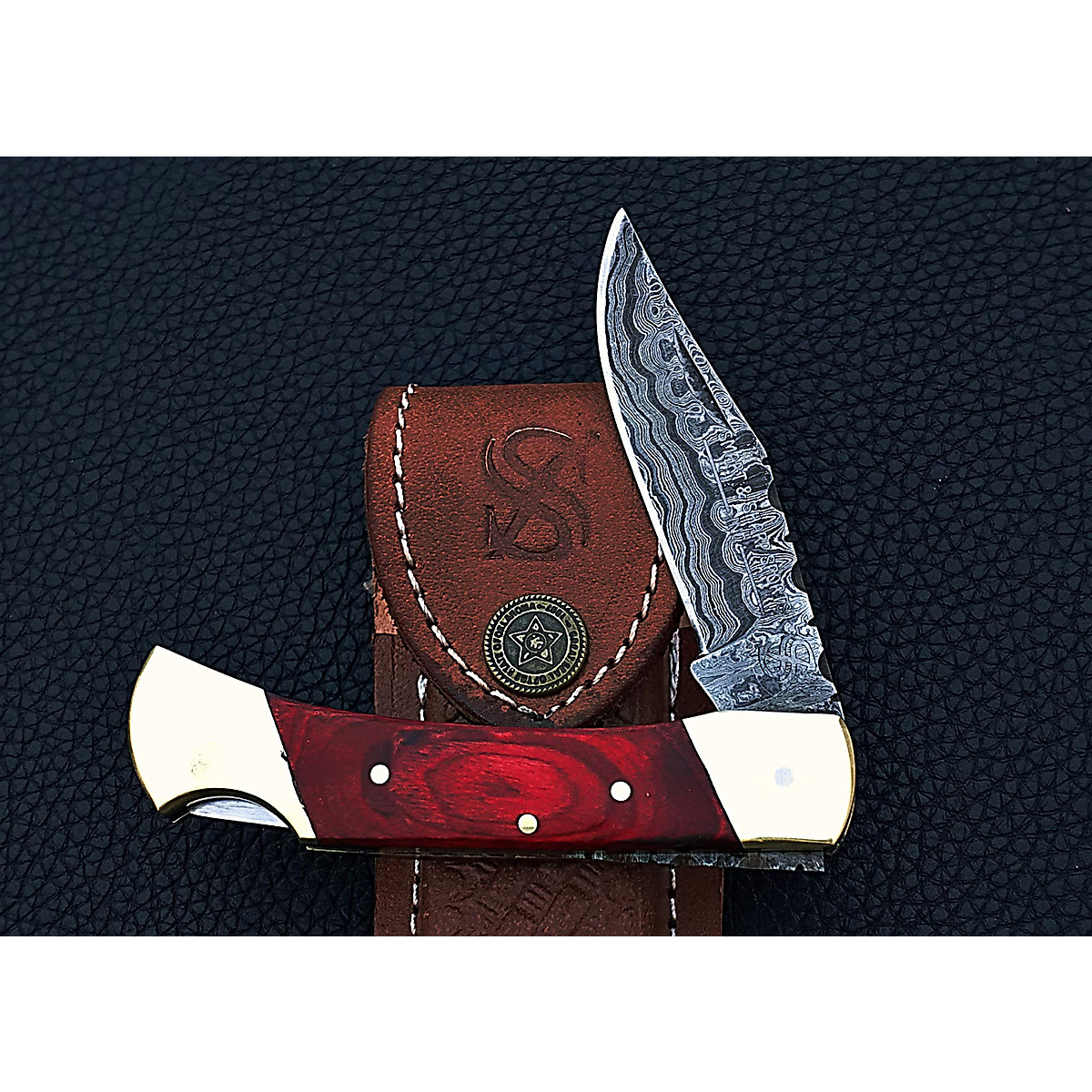 Smart & Sharp Custom Handmade Damascus Steel Folding Knife/Pocket Knife AR-17394 (Red Colored wood) (Red)