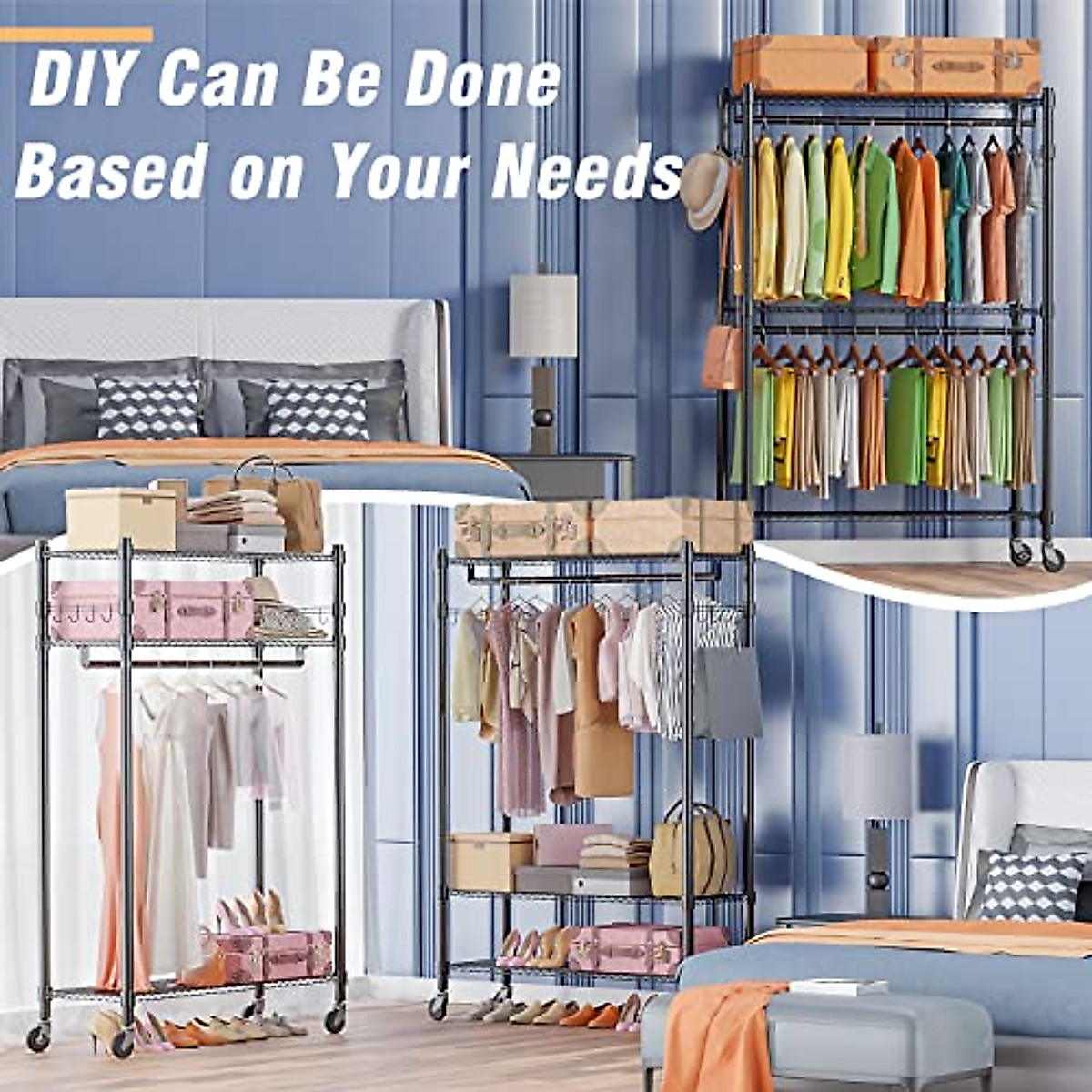 Homdox Double Rod Closet 3 Shelves Wire Shelving Clothing Rolling Rack Heavy Duty Garment Rack with Wheels and Side Hooks, 2-Pack