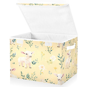 DALAWU Containers Baskets with Lids Cartoon Cute Lamb Fabric Foldable Storage Bins Organizer with Lid Collapsible Storage Boxes for Home Bedroom Closet Office