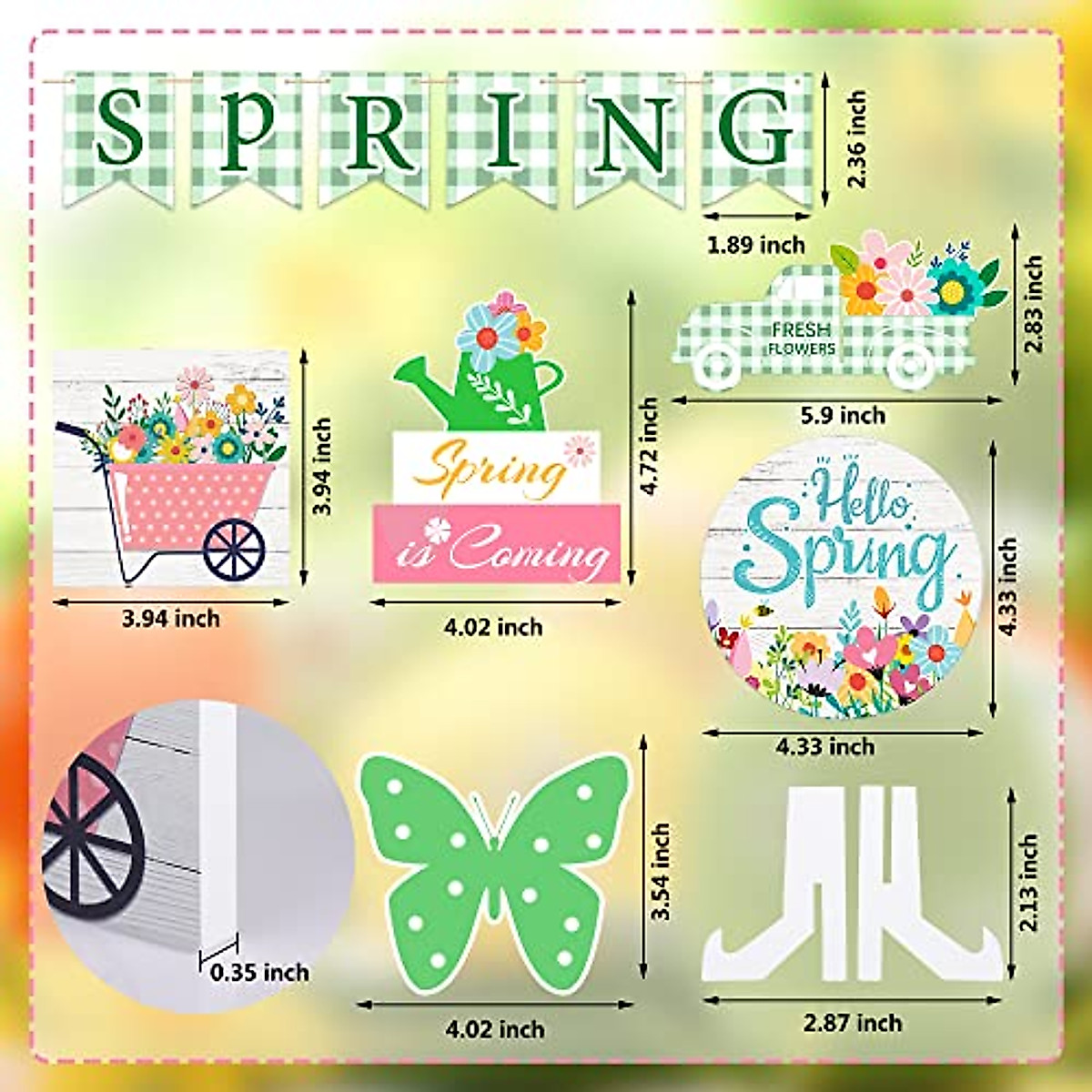 12 PCS Spring Tiered Tray Decor Set Flowers Mini Wood Signs Hello Spring Wooden Table Signs Flowers Butterfly Truck Wood Decors with Holder for Spring Party Supplies Home Table Centerpieces
