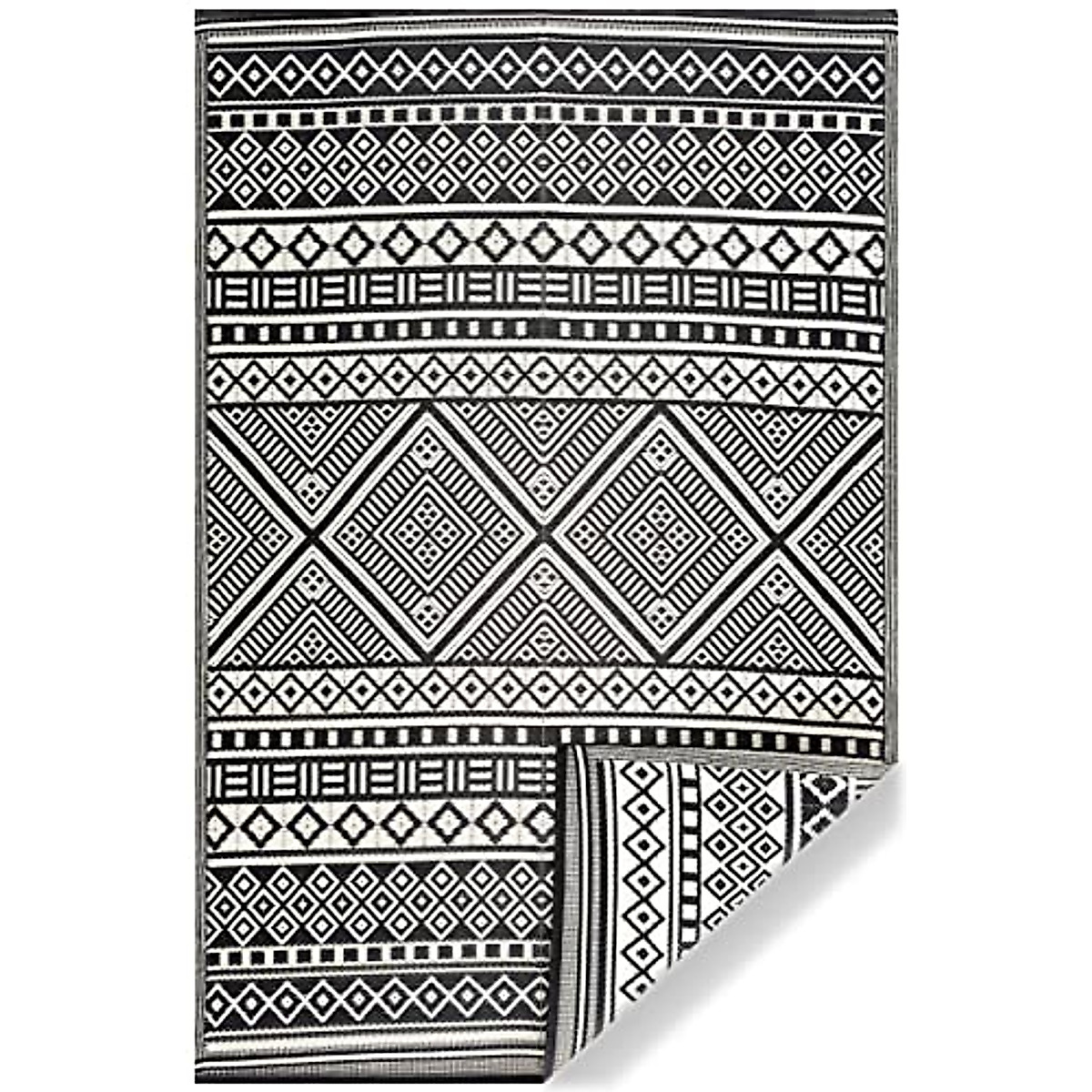 Beverly Rug Aztec Outdoor Rugs 8x10 Waterproof Boho Reversible Plastic Straw Rug Bohemian Outdoor Carpet, Outside Mat for Patio, Camping, Picnic, Porch, Deck, RV, Beach, Pool, Black and White, Texas
