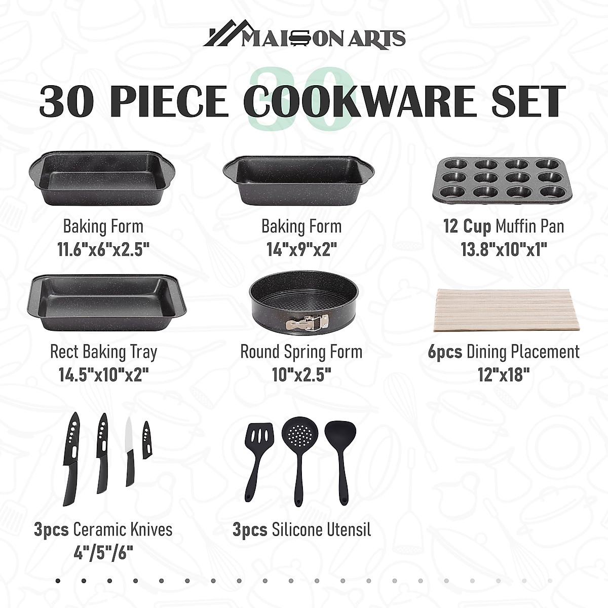 MAISON ARTS 30-Piece Pots and Pans Set - Kitchen Cookware & Bakeware Sets with Nonstick Granite Coating, Baking Pans and Frying Pans set