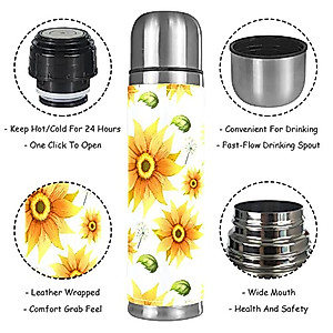 Sunflower and Leaves Vacuum Insulated Water Bottle Stainless Steel Thermos Flask Travel Mug Coffee Cup Double Walled 17 OZ