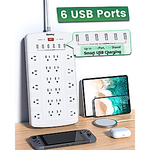 Power Strip, SUPERDANNY Surge Protector with 22 AC Outlets and 6 USB Charging Ports+ 【6.5Ft & 22 Outlets & 6 USB Ports】 1050J Surge Protector Power Strip SUPERDANNY Flat Plug Extension Cord