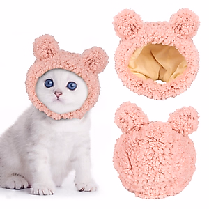 JOICEE Cute Cat Costume Warm Bear Hat for Cat Adjustable Soft Small Pet Headwear Bear Hat for Cat Puppy Dog (Pink)