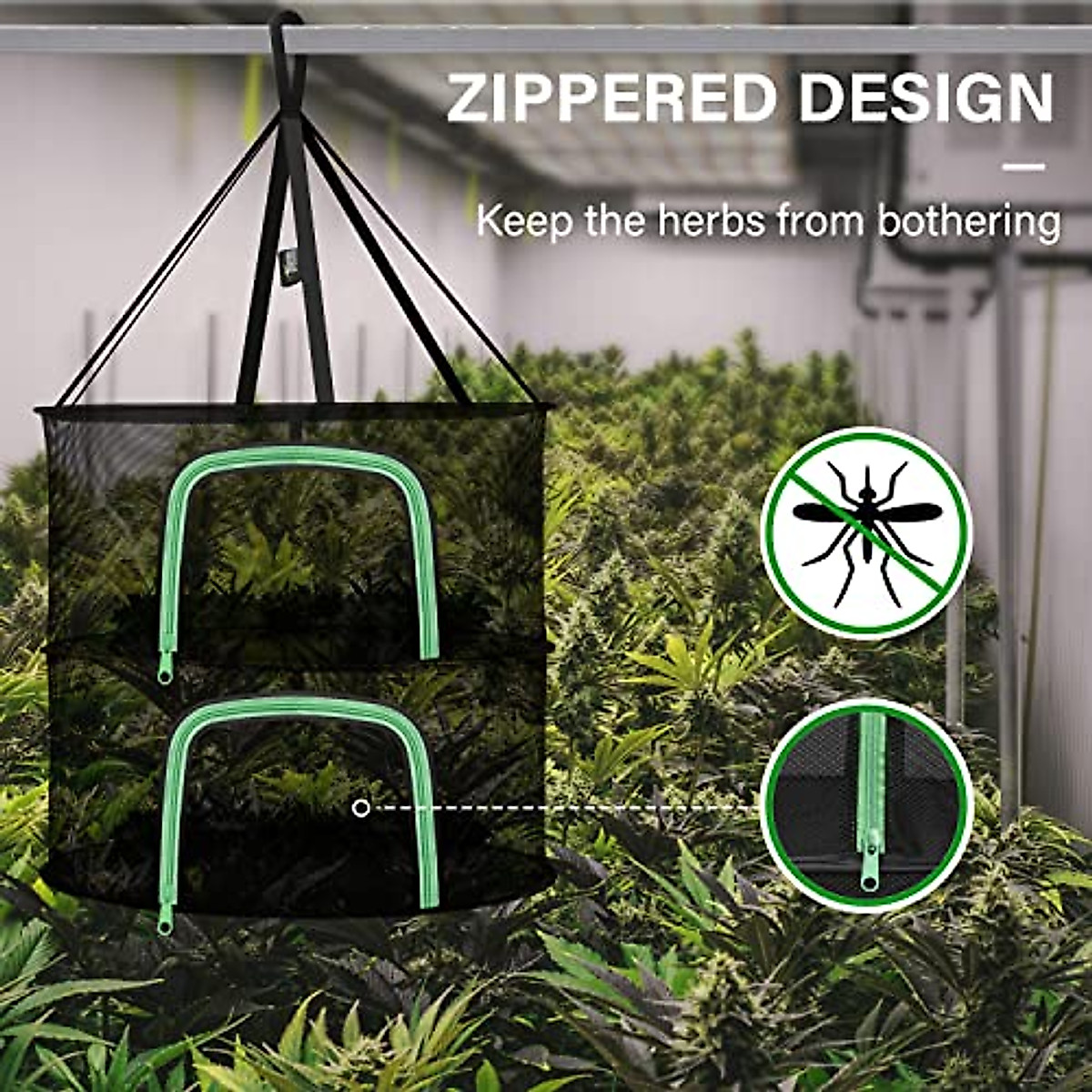 iPower Herb Drying Rack 2-Layer 2-Feet Hanging Mesh Net Dryer Collapsible with U-Shape Zippers, Pothook, Carabiner and Storage Pouch, for Hydroponics Flowers, Buds, Fruits, Seafoods, Clothes