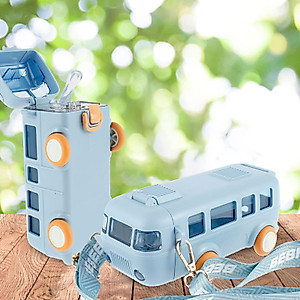 HOTBEST Car Straw Water Cup, 16oz Summer Cute Bus Water Bottle with Shoulder Strap, Leak-Proof Kids Small Square Drinking Cup Cute Cartoon Water Jug Toy Locking Flip Lid Water Kettle for Kids (Blue)