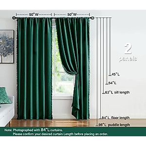 Green Blackout Curtains for Bedroom 84 inch Pom Pom Windows Drapes Cute Decorative Triple Weave Thermal Insulated Curtain Drapes for Nursery Room Studio Hotel 52" w x2 Panels Rod Pocket