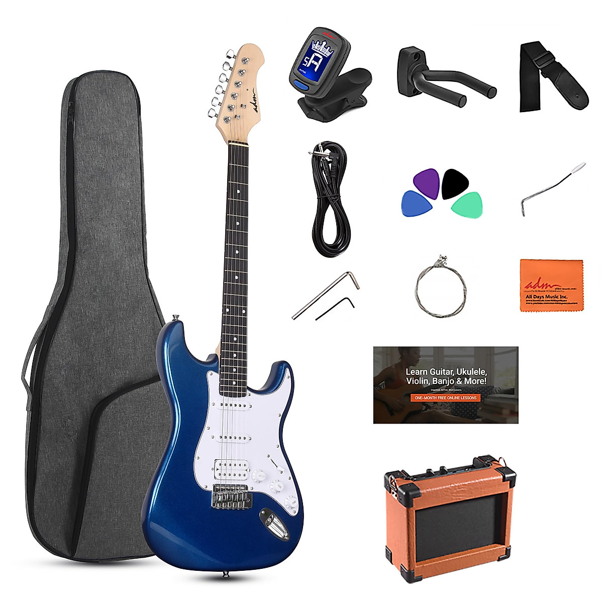 ADM Electric Guitar Beginner Kit 39 Inch Full Size Guitar Package with Amplifier, Bag, Strap, String, Tuner, Cable and Picks, Blue